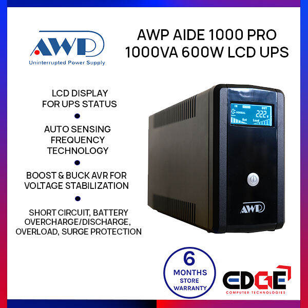 EDGE | AWP Aide 1000 Pro LCD 1000VA 600W UPS Uninterruptible Power ...