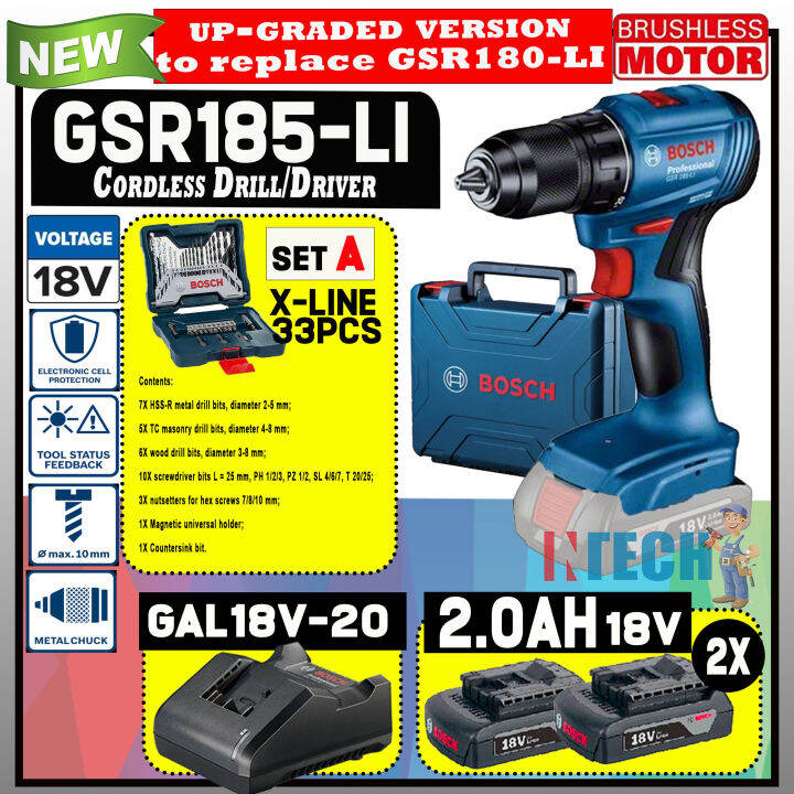 BOSCH 18V BRUSHLESS MOTOR GSR185-LI CORDLESS DRILL/DRIVER + 2x2.0AH ...
