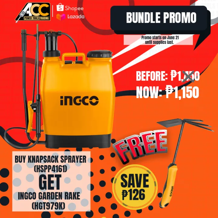 INGCO Knapsack Sprayer (HSPP4161) + FREE Garden Rake (HGT979K) | Lazada PH