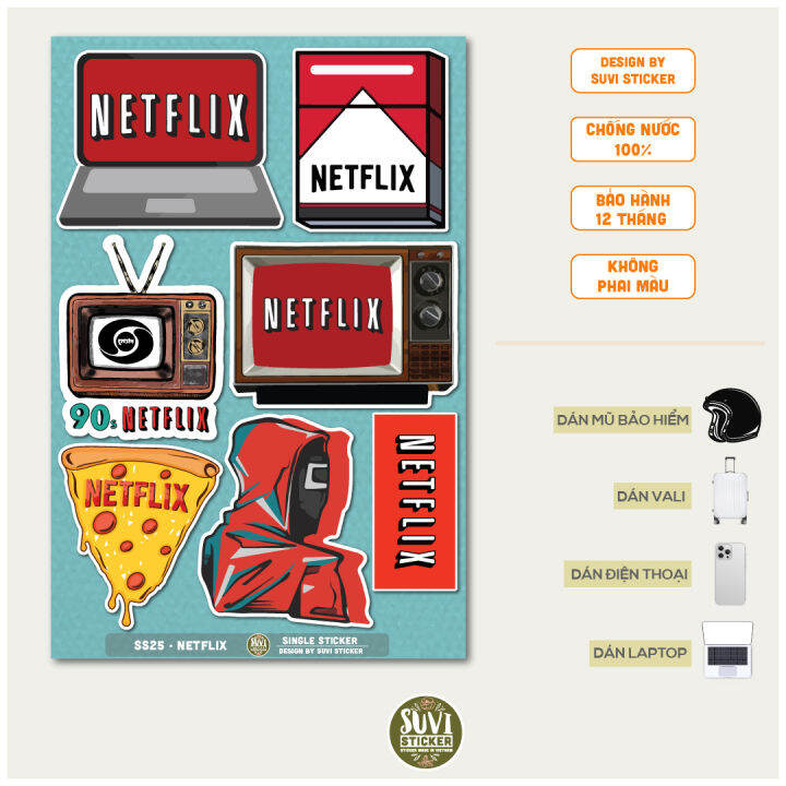 STICKER LẺ - Sticker Netflix dán mũ bảo hiểm, laptop, điện thoại, vali ...