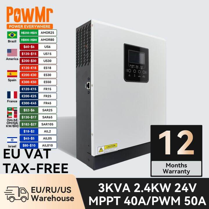 PowMr 2.4KW Hybrid Inverter 24V 3KVA Solar Inverter Pure Sine Wave MPPT ...