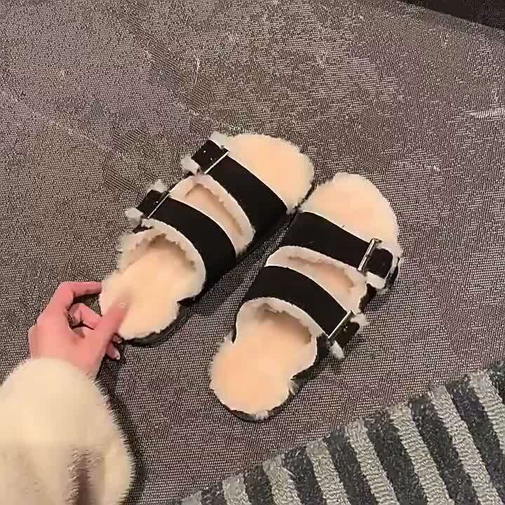 [sheii ซูหยิน ] น้องสาวอบอุ่น ~ รองเท้าแตะขนแกะบุขนกำมะหยี่พื้นหนาใส่ ...