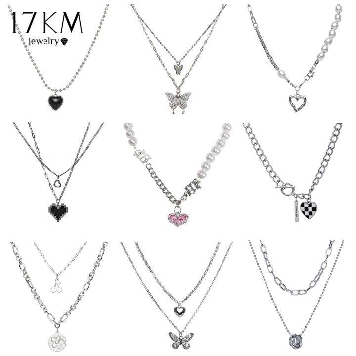 17KM วินเทจ คริสตัล หลายชั้น สร้อยคอ ลายตารางหมากรุก โมเสค หัวใจ ...