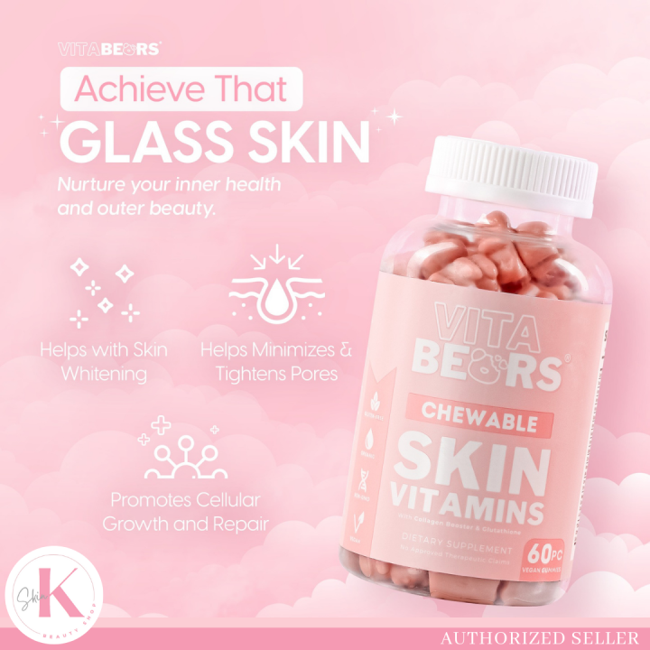 Vitabears Chewable Skin Vitamins (Glutathione & Collagen) Vegan Gluten ...
