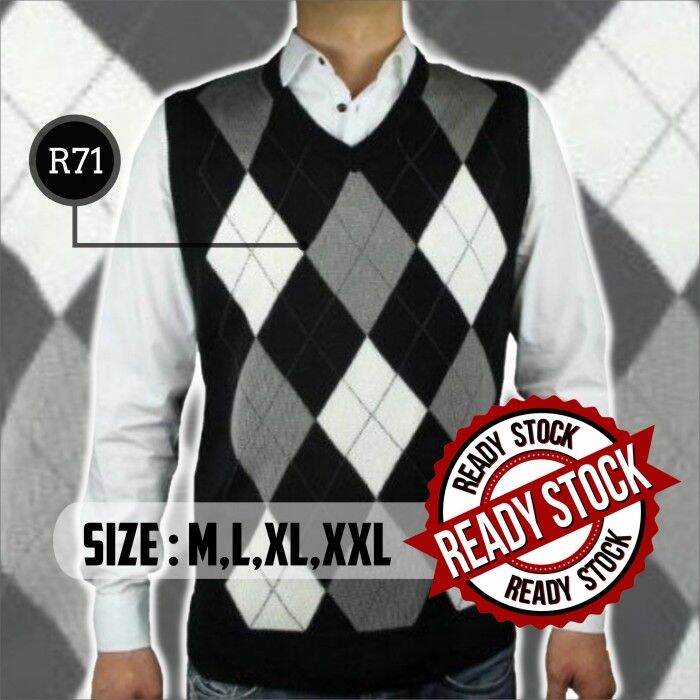 R71 - Rompi Rajut Motif Kotak Abu Putih Hitam | Rompi Rajut Pria ...