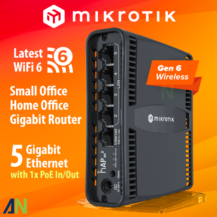 MikroTik hAP ax2 WiFi6 Wireless Router, Quad-Core CPU ARM64, 1GB RAM, 5-port Gigabit Ethernet ...