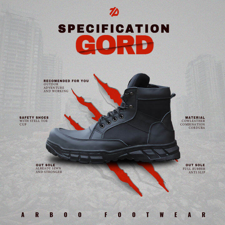 Sepatu safety boots gord low kulit sapi kombinasi kordura stleel toe ...