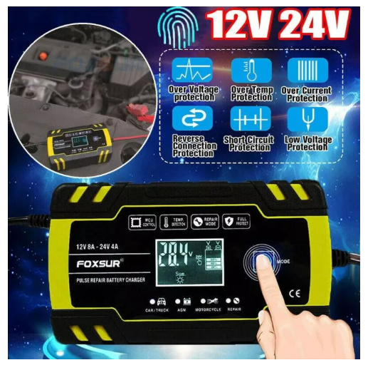 12V 8A 24V 4A car and motorcycle battery charger FOXSUR pulse repair Agm gel wet lead-acid ...