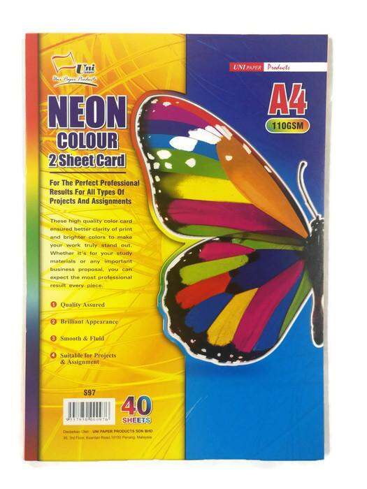 UNI PAPER Neon Colour 2 Sheet Card A4 110gsm 40 Sheets 4 Colours (S97 ...