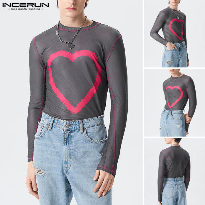 Beehoo INCERUN เสื้อยืดผู้ชายทรงแขนยาวพิมพ์ลายหัวใจเข้ารูปกล้ามเนื้อ ...