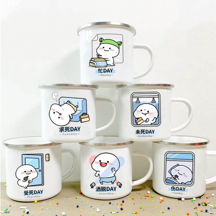 Monday~Sunday Print QUBY Enamel Mug Funny Cartoon Mental State Coffee ...