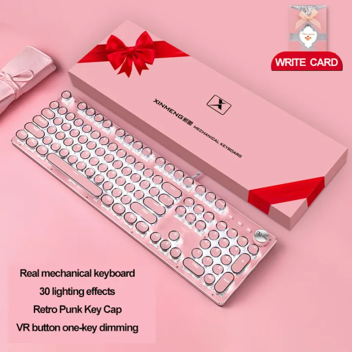 Xinmeng Girl Pink Real Mechanical Keyboard Green Axis Punk Retro Round ...