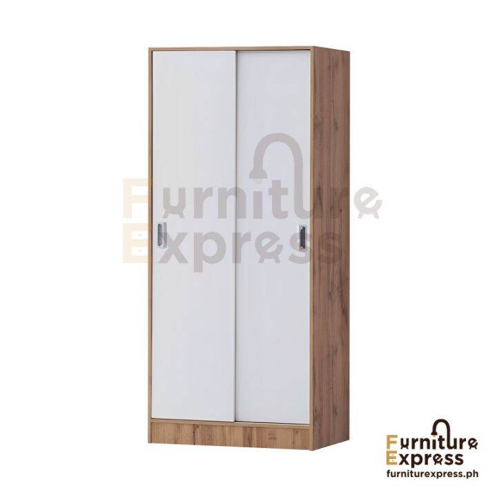 Erin 2 Door Sliding Wardrobe Cabinet with Hanger and Layer - White PU ...