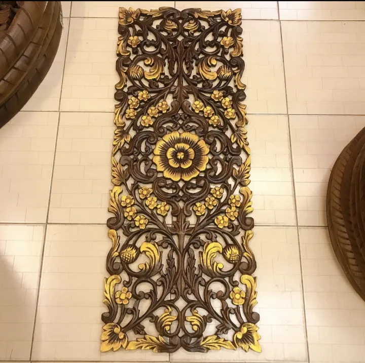 ไม้สัก แผ่นไม้สัก แกะสลัก ลายดอก ปัดทอง ขนาด 35x90 cm. งานไม้สัก แผ่นไม้ฉลุ แผ่นไม้แกะสลักติด ...