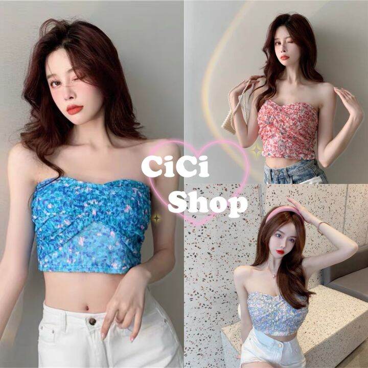 Cici(Y518)เสื้อเกาะอกลูกไม้ ผ้านิ่มไม่คัน ลายดอก มีฟองน้ำในตัว ดีเทลไว้หน้าอก ยางยืดด้านหลัง งาน ...