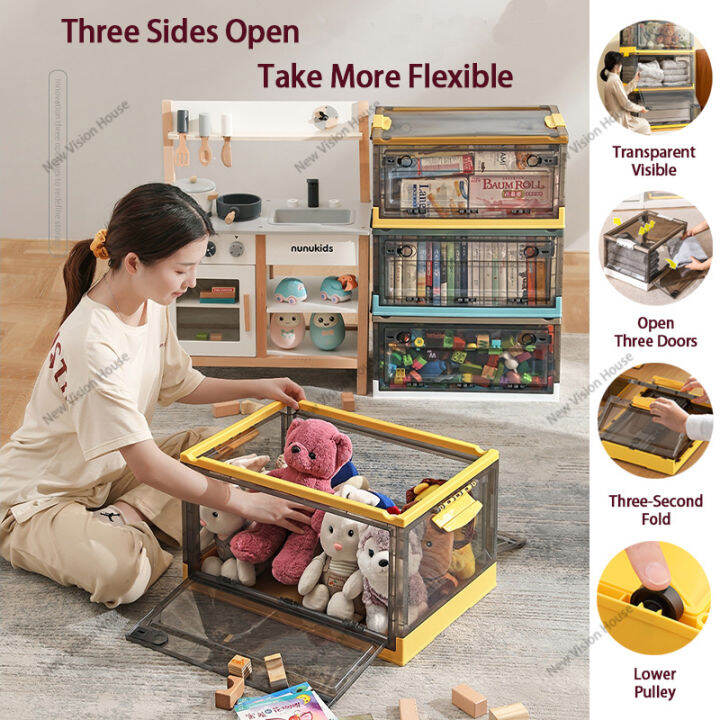 Foldable Storage Box with Side Door and Wheels Transparent Plastic Box ...