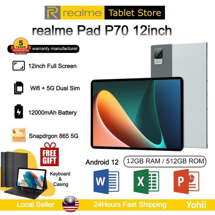 Realme Pad Tablet P70 12Inch Android 12.0 [12GB RAM 512GB ROM] Dual SIM ...