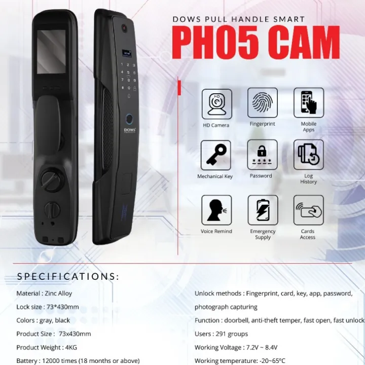 Smart lock, kunci pintu digital pake kamera merk DOWS tipe PH05 CAM | Lazada Indonesia