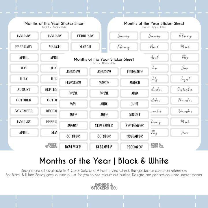 Months of the Year Sticker Sheet | Black & White (9 Font Styles ...