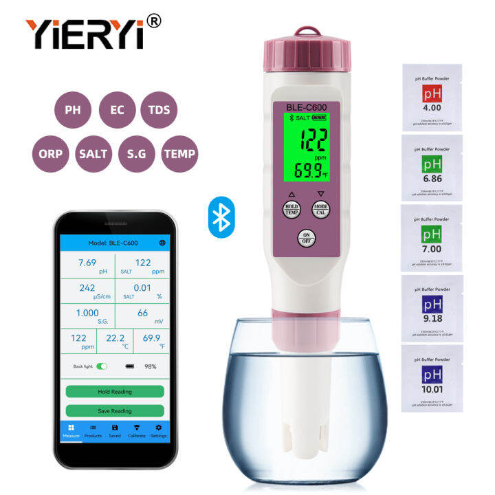 Yieryi PH meter เครื่องทดสอบคุณภาพน้ำบลูทูธ เครื่องวัดระบบ Ph/tds/ec/orp/s.g/อุณหภูมิน้ำจอแสดงผล ...
