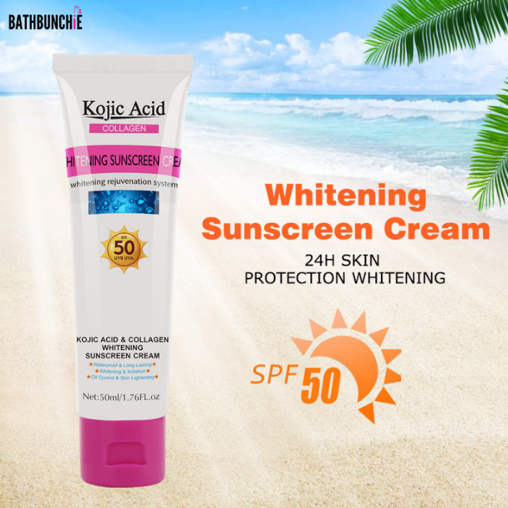 Kojic Acid Collagen Whitening Sunscreen Cream Skin Care SPF 50 PA++ Waterproof Brightening 50ml ...