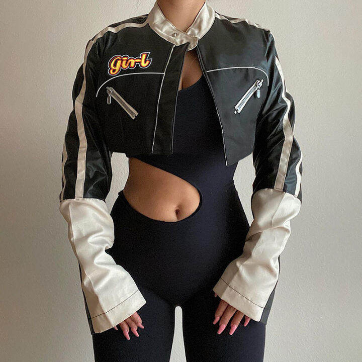 Gothic PU High Waisted Jackets Punk Patchwork Streetwear Crop Outerwear ...