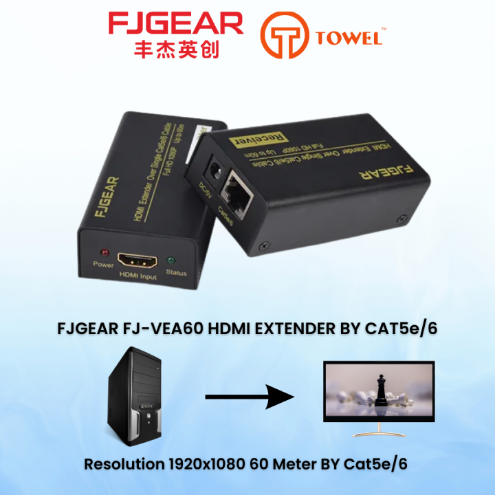 FJGEAR FJ-HEA60 HDMI EXTENDER BY CAT5e/6+ HDMI PORT / HDMI Extender 60m Over UTP Cable Cat5e/6 ...