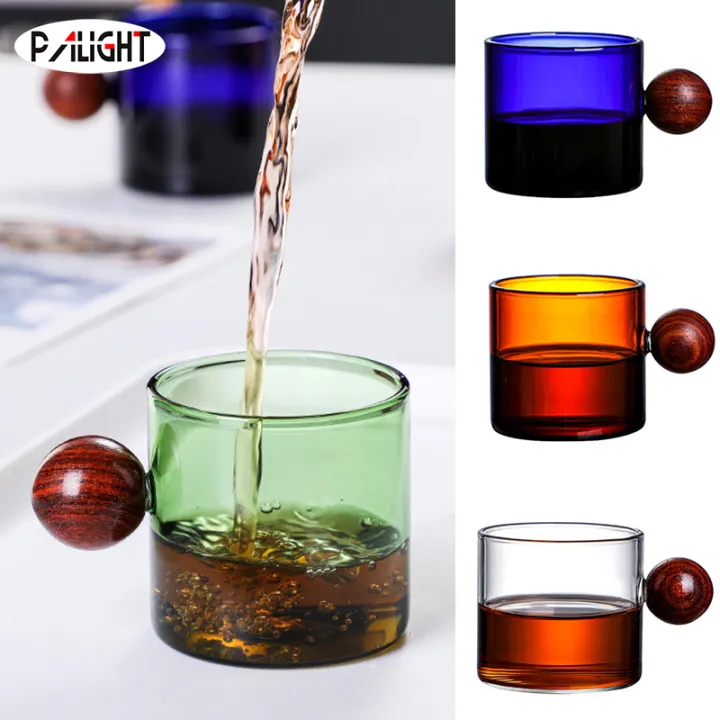 PAlight Cangkir Kopi Kaca Patri, Set Cangkir Teh Kaca Gagang Kayu Tahan ...