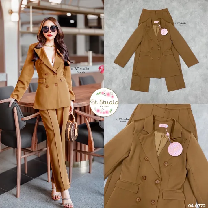 งานป้าย BT-Studio Set 2ชิ้นเสื้อสูททรงโอเว่อไซส์นิสๆ กระดุม 6เม็ดแต่งกระเป๋าแมทซ์กับกางเกงขายาว ...