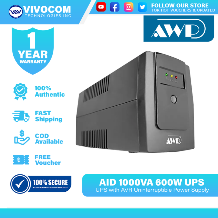 AWP AID1000 Aide 600W-1000VA UPS with AVR Uninterruptible Power Supply (4 Sockets) | Lazada PH