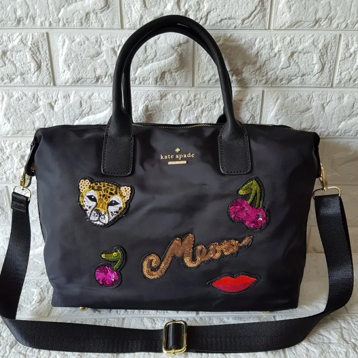 Kate Spade Lyla Meow Embroidery with Patches Classic Nylon Weekender ...
