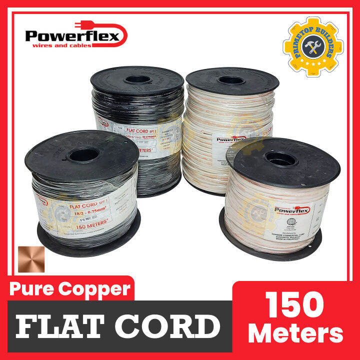 POWERFLEX FLAT CORD 150 METERS #16 #18 WHITE & BLACK / 100% PURE COPPER ...