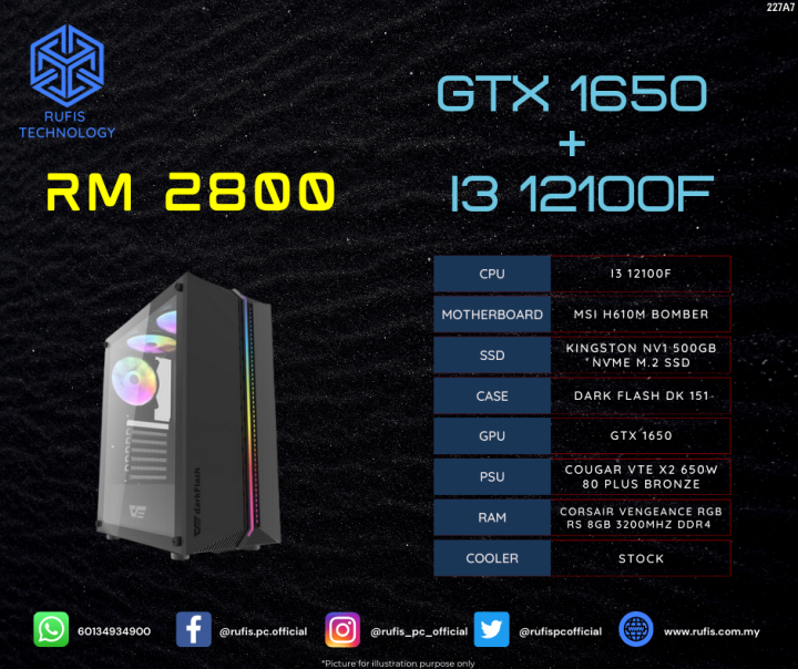 RUFIS Custom Gaming PC Package (INTEL I3-12100F / GTX 1650 / 8 GB RAM ...