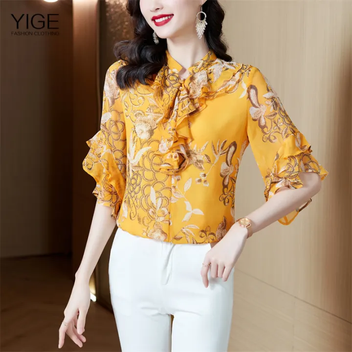 YIGE 2022ผู้หญิงวัยกลางคนใหม่หลวมสบายๆแม่ด้านบนคอวีแขนกลางนัวเนียพิมพ์ ...