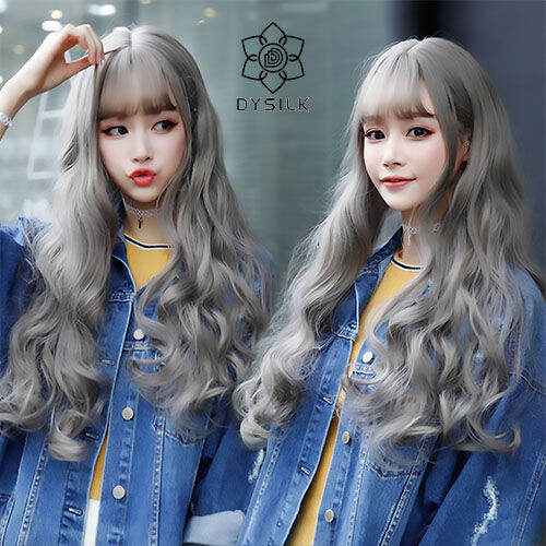 LANLOVE 68ซม.สีเทาวิกผมผู้หญิงยาวคลื่นลอน Bangs ผมวิกเหมือนจริง Full หมวกกันน็อกเกาหลี Fluffy ...