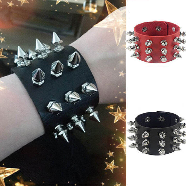 Three Row Cuspidal Spikes Rivet Stud Wide Cuff PU Leather Punk Gothic ...