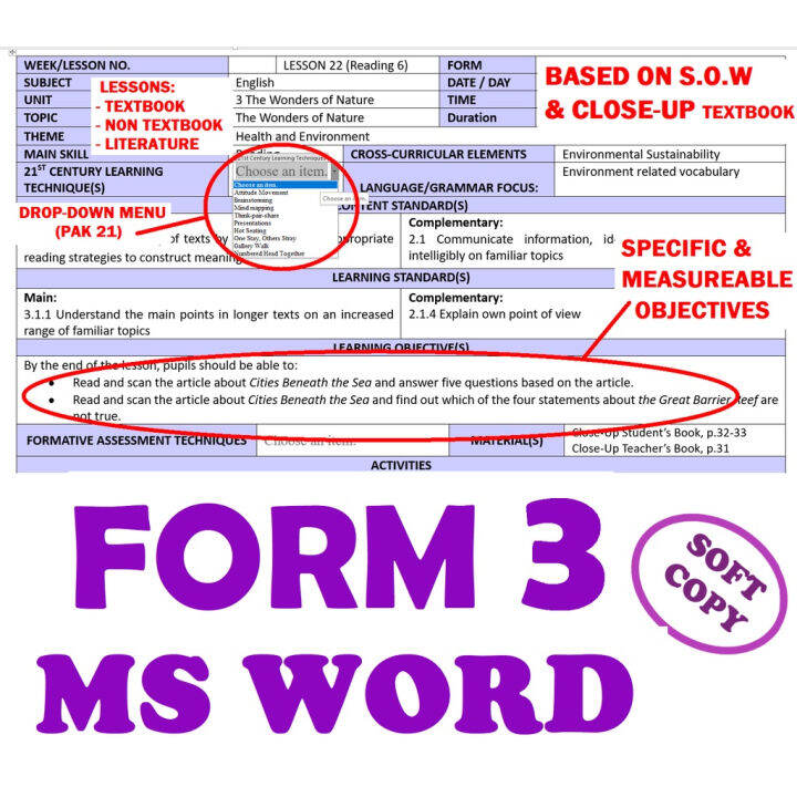 RPH ENGLISH FORM 3 KSSM LESSON PLANS LENGKAP SETAHUN (CLOSE UP TEXTBOOK ...
