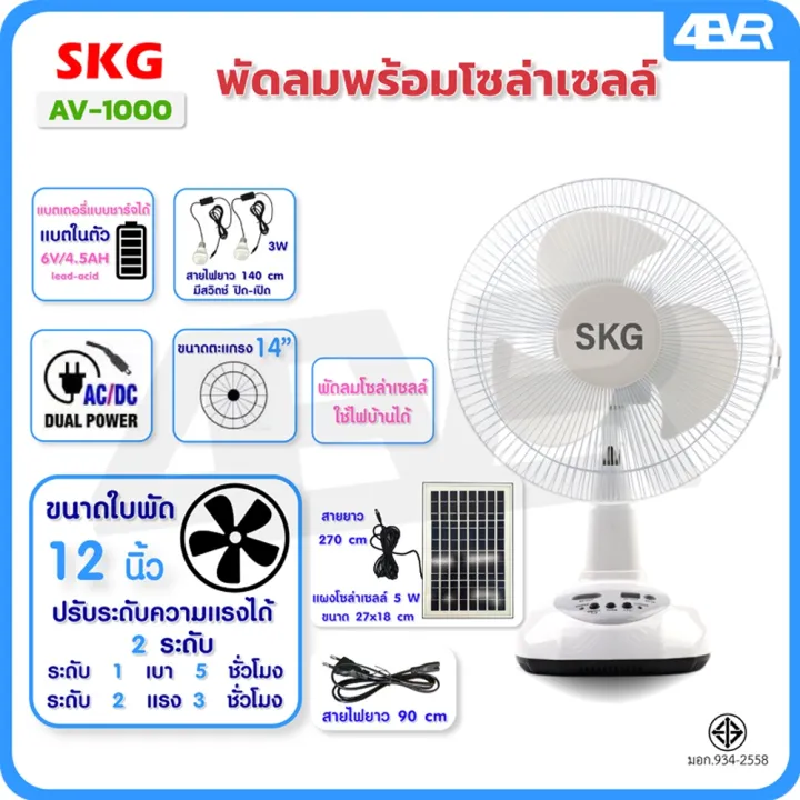 SKG รุ่น AV-1000/SK-125L พัดลมโซล่าเซลล์/ใช้ไฟบ้านได้ พัดลมตั้งพื้น พัดลม หน้ากว้าง 14 นิ้ว ...
