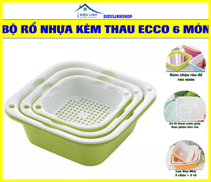 Rổ nhựa đựng đồ Bộ Rổ Nhựa Kèm Thau ECCO 6 Món 6 Kích Thước Khác Nhau Cao Cấp (3 Rổ 3 Thau ...