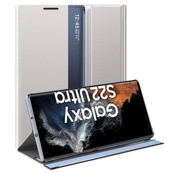 Samsung Galaxy S22 Ultra 5G Case, WindCase Slim PU Leather Flip Smart View Window Stand Case ...