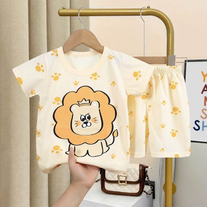 Pastel Yellow Paw Print Design with Lion Character Terno, pure cotton 1 ...