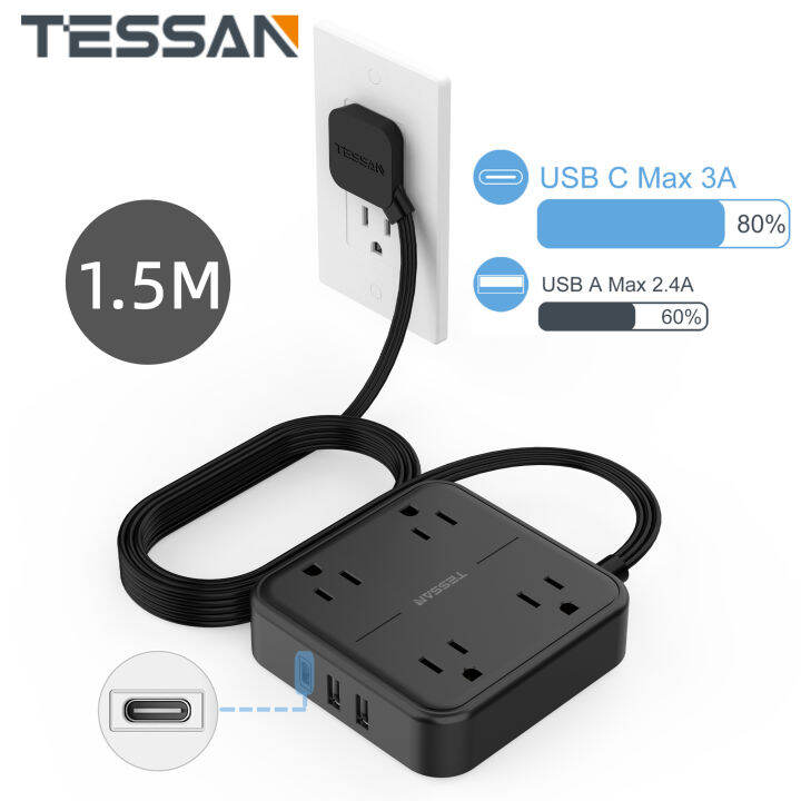 TESSAN Ultra Thin Flat Plug Extension Cord 1.5M with Type C USB, Power ...