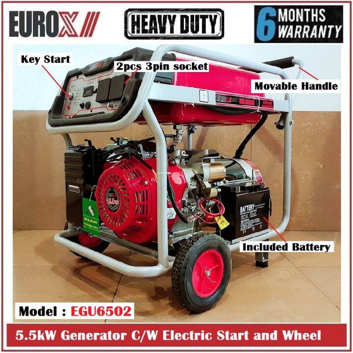 EUROX 5.5kW Gasoline Generator C/W Electric Start, Wheel & Handle EGU6502 - Heavy Duty - 6 ...
