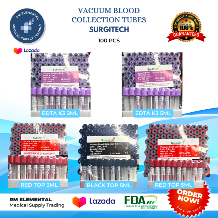 Vacuum Blood Collection Tubes SURGITECH 100pcs Edta k3 3ml, 5ml, Red ...