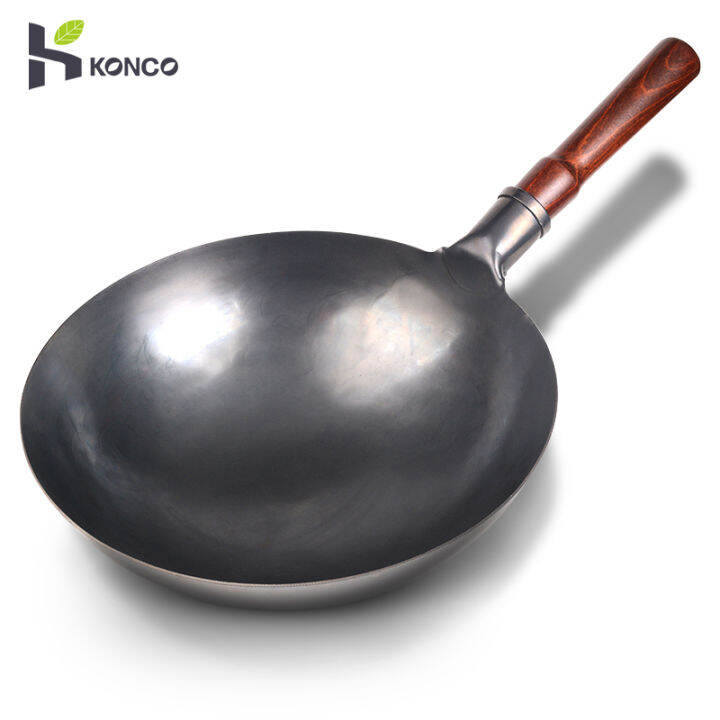 Konco Chinese Iron Wok Uncoated Pan Frying Pan wooden handle Wok Gas ...