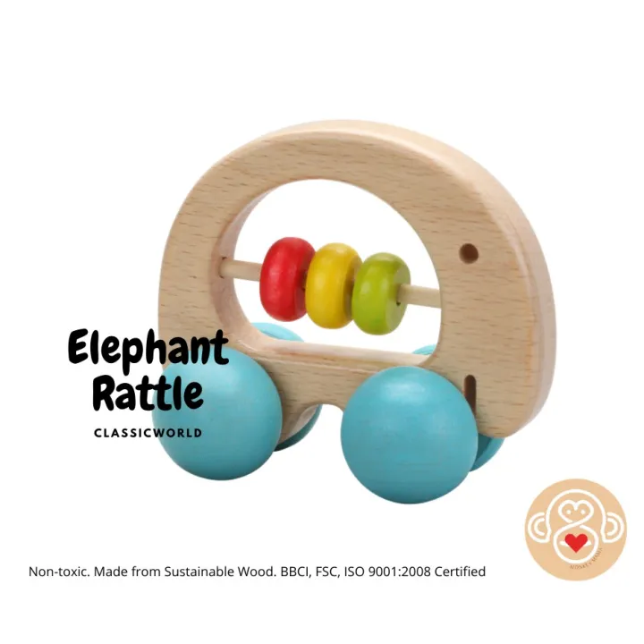Elephant Rattle | Monkey Mama | Wooden Toy | Classic World Toy ...