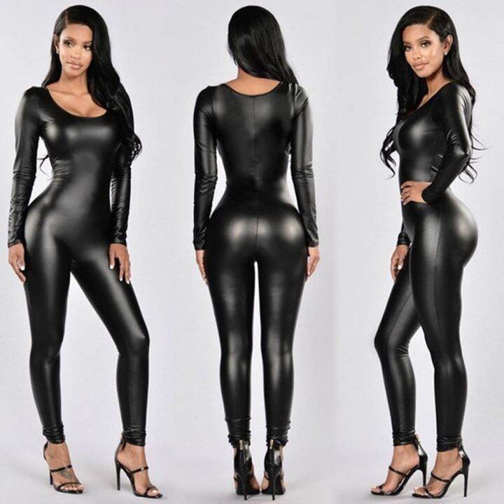 Latex Catsuit Faux Leather Women Jumpsuits Black Wetlook Pvc Bodysuit