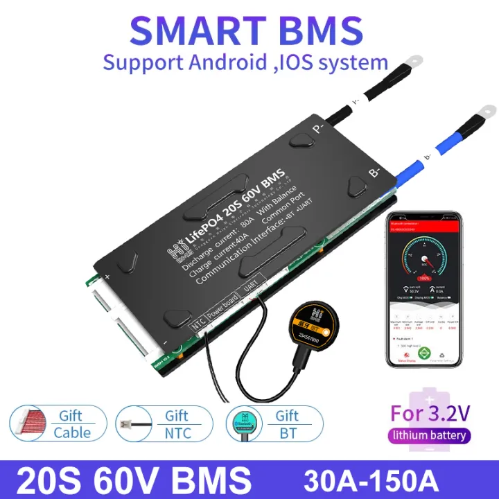 Smart Bluetooth 20S 60V LiFePO4 30A 40A 60A 80A 100A 120A 150A BMS With Balance Common Port ...
