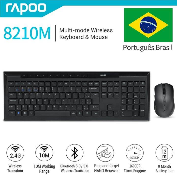 Rapoo 8210m Multi Device Bluetooth Wireless Keyboard And Mouse Kit Abnt2 Portuguese Brazil Black