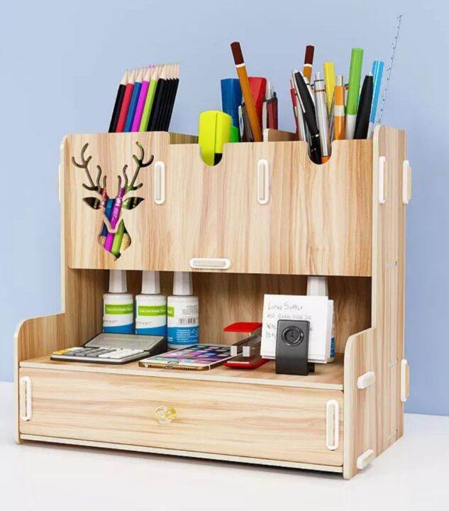 Multi-function Wooden Desktop Pen Holder Office School Storage Case ...